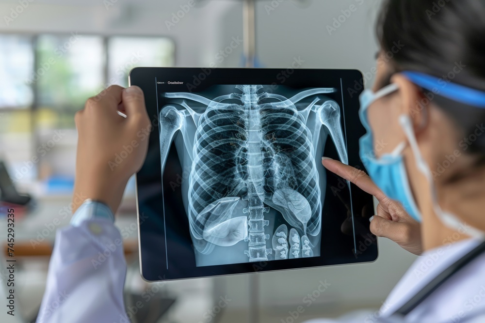 Medical professional examines a chest X-ray on a digital tablet ...