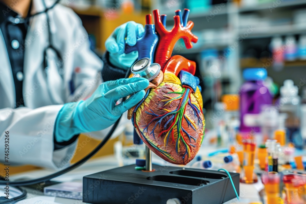 Lifelike anatomical heart model held by gloved hands, stethoscope in ...