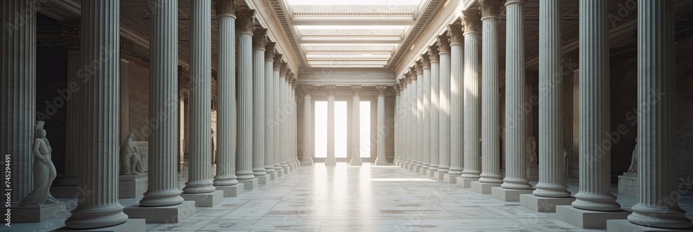 Ancient roman hall with white marble columns background. Classic 3d ...