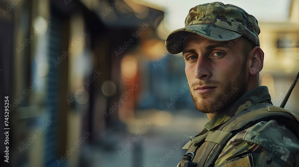 Portrait of a young soldier in uniform on patrol, displaying confidence ...