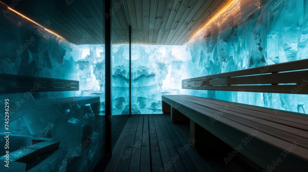 An innovative sauna experience with a view of an ice cave, merging ...