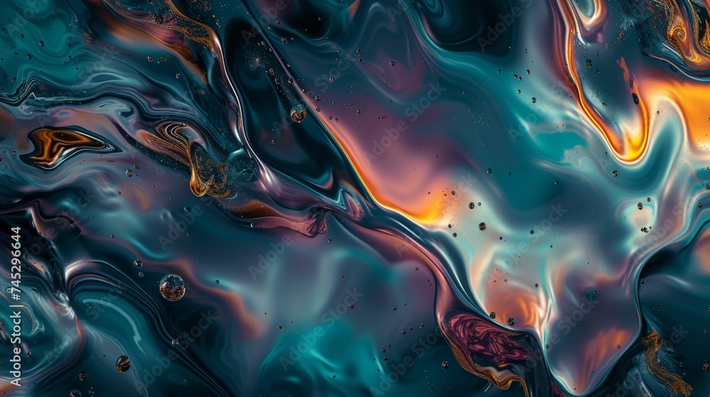 Chaotic symphony of swirling liquid metallic hues, blending seamlessly ...