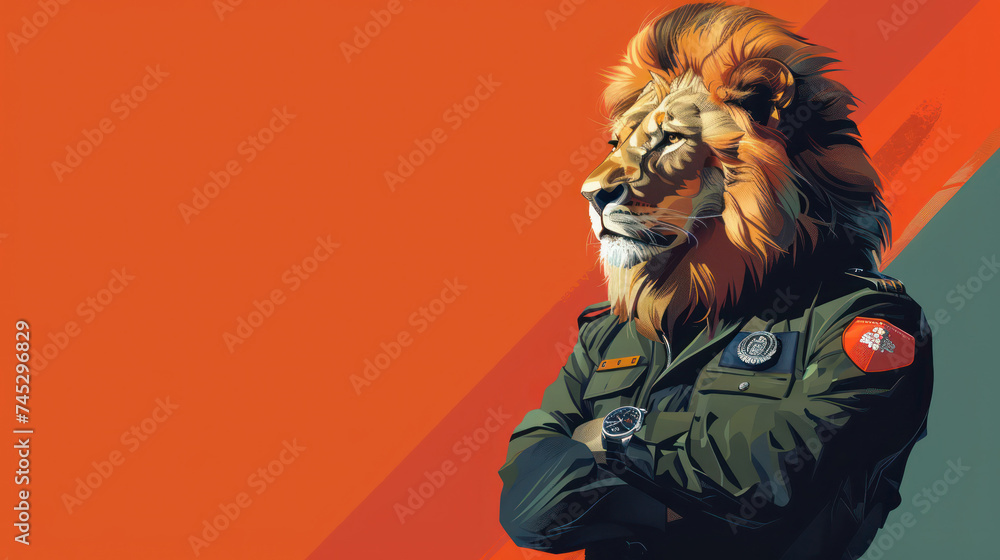 A lion in a security guard suit wearing a smart watch portrayed in a ...