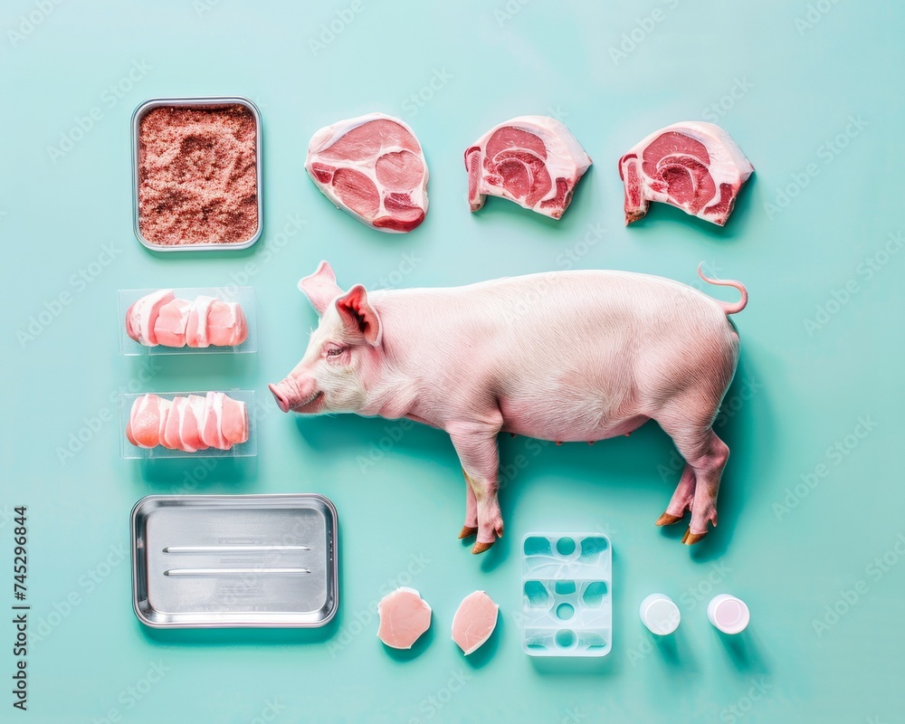 A pig juxtaposed with various cuts of pork, a thought-provoking image ...