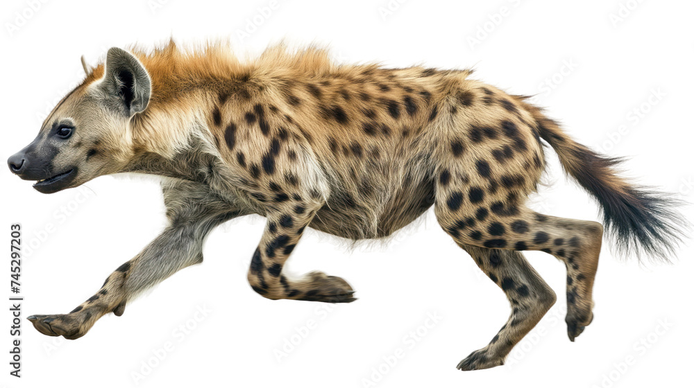 Side view running hyena isolated on white or transparent background ...