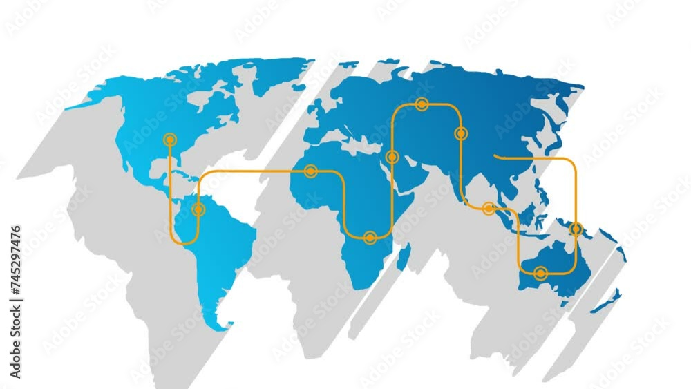 World map and paved path. Points on the world map. Route on the map ...
