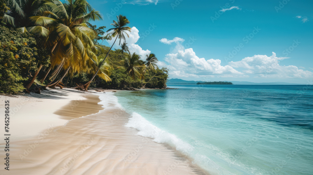 beachscape with crystal-clear waters edging onto soft sands, framed by ...