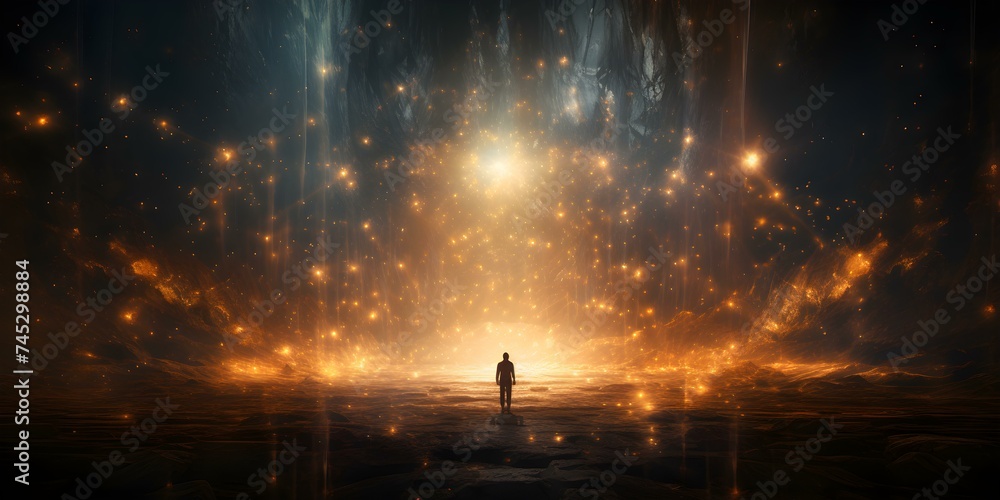 An Enigmatic Being Radiating Celestial Light and Cosmic Particles. Concept Galactic Entity ...