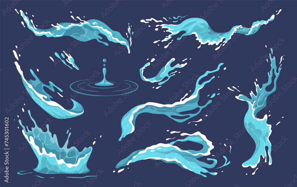 Water wave. Ocean circle splash spray or game liquid falling drop ...