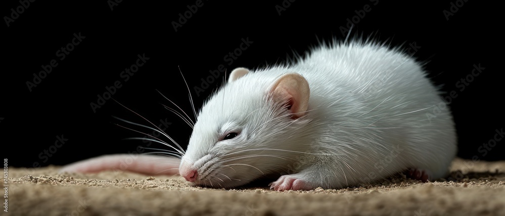 a close up of a white rat on a brown carpet with a black back ground ...