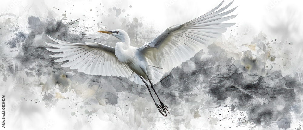 a watercolor painting of a white bird flying in the air with its wings ...