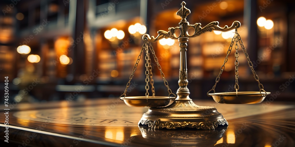Symbolic image of justice system with gavel and scales in library ...