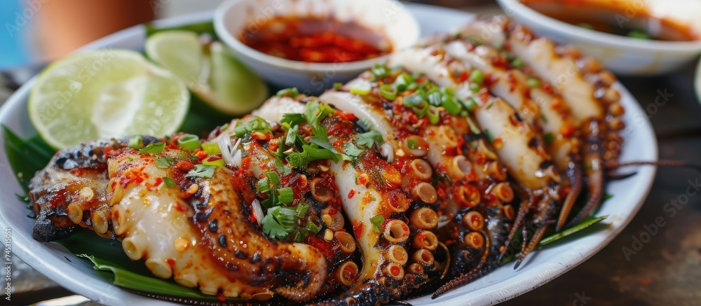 A plate of food featuring tasty grilled octopus seasoned with salt ...
