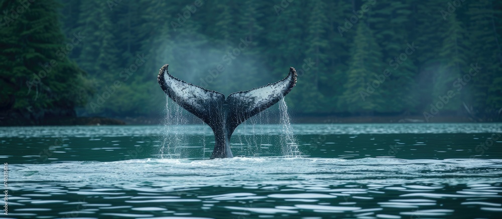 A humpback whales majestic tail breaches the water, creating a splash ...