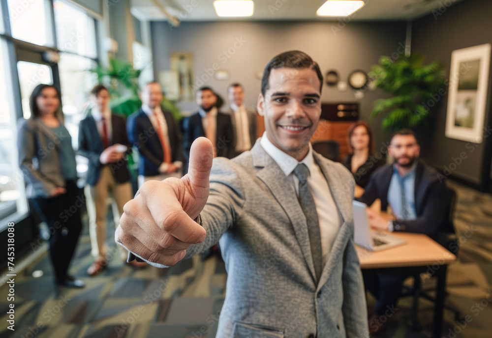 A businessman warmly welcomes a new team member in a modern office ...