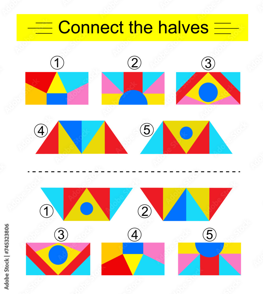 Logic Game For Children Need To Find The Halves Of Shapes Printable