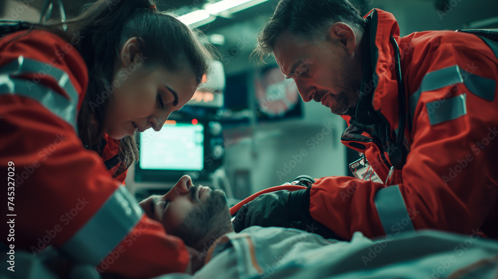 Paramedics performing CPR on a patient, focused and determined ...