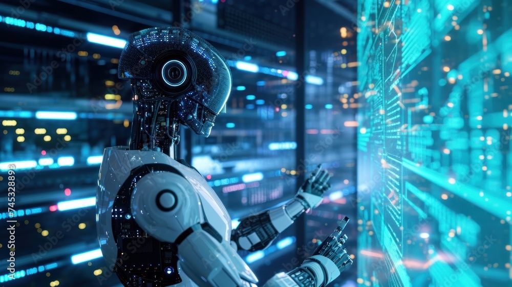 Robot operates Data Server .artificial intelligence robot ,digital ...