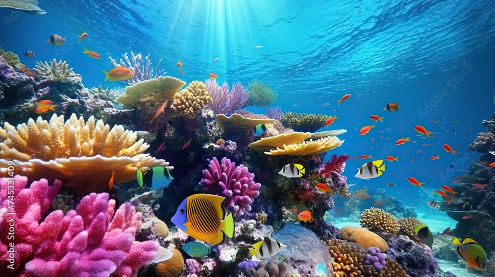 Tropical underwater sea with beautiful fish and coral reef. Rich colors ...