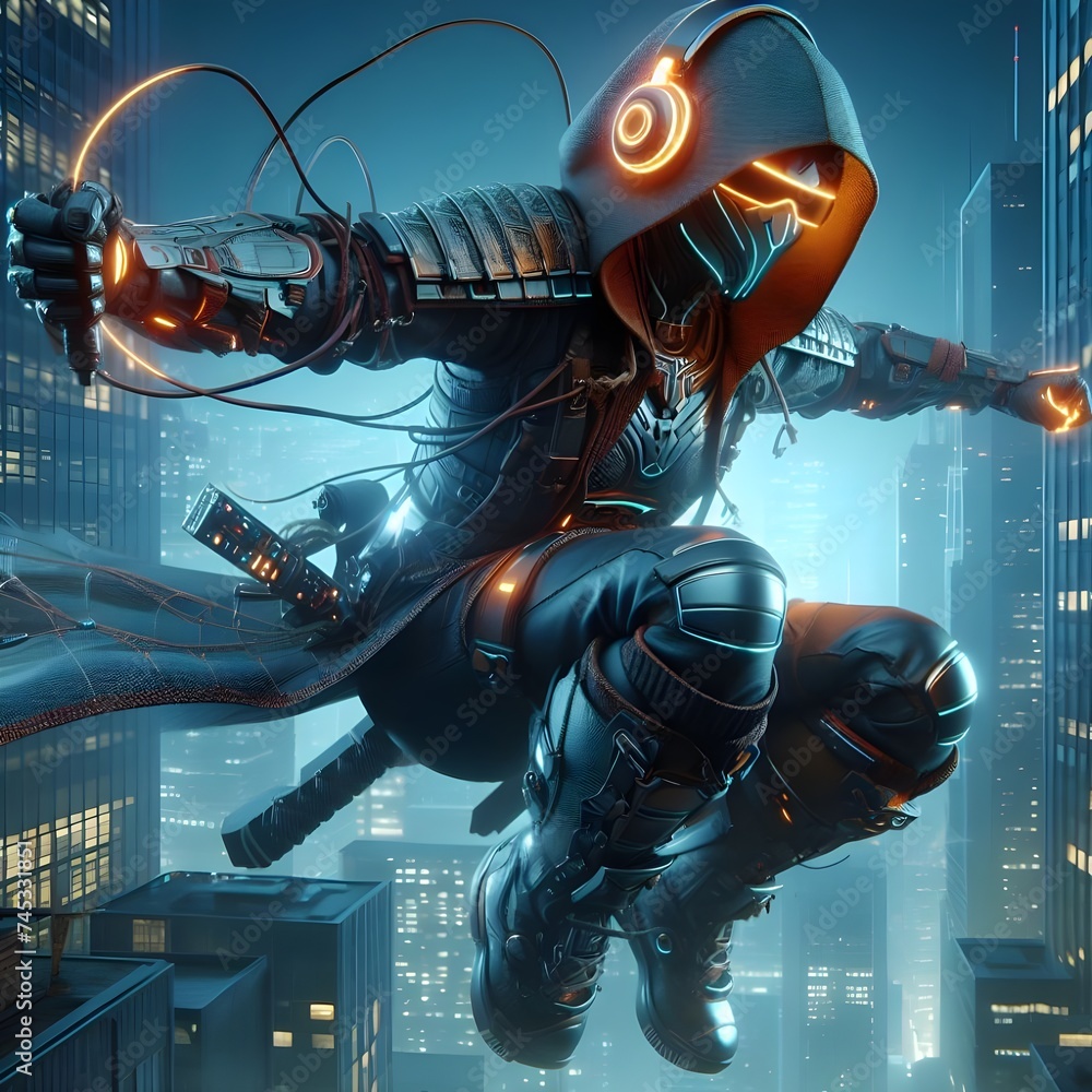Hooded female Samurai assassin with glowing headphones and visor ...