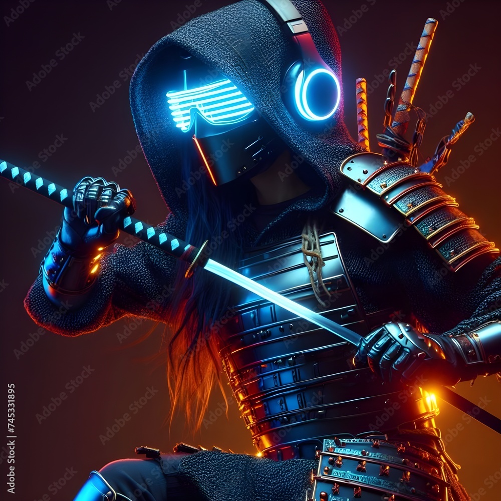 Hooded female Samurai assassin with glowing headphones and visor ...