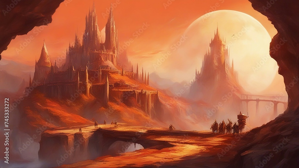 canyon sunset _A medieval space center with a castle like structure and ...