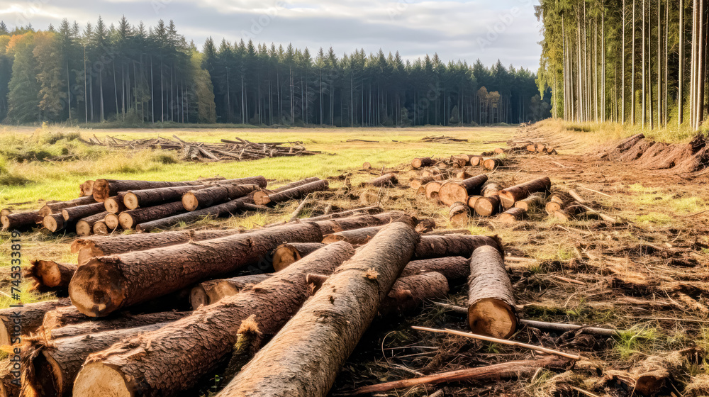 A stack of spruce tree trunks harvested from the forest, ready for ...