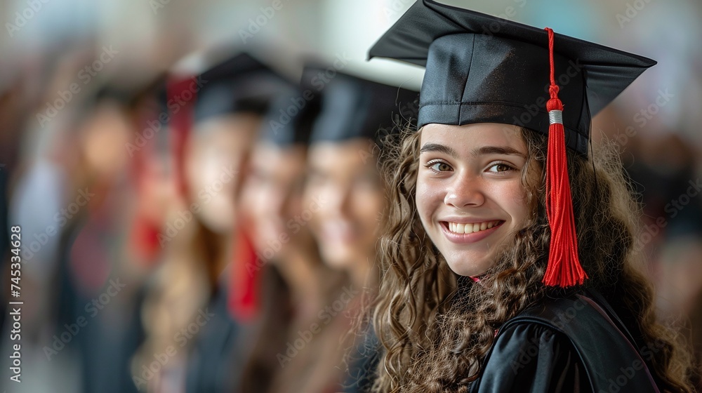 graduation ceremony joy as happy cute brunette graduate girl smiles ...