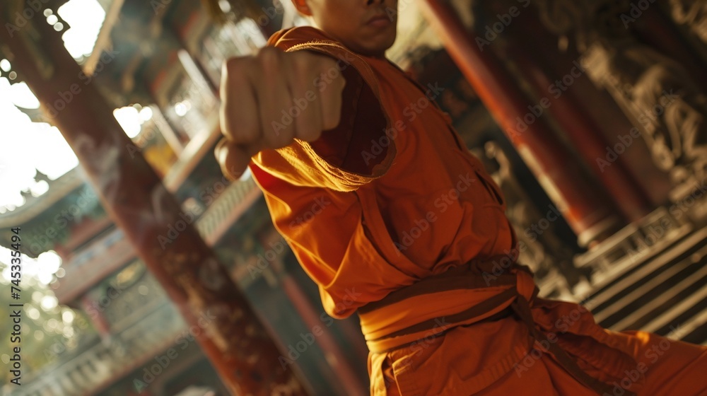 mesmerizing image of a shaolin monk practicing kung fu with precision ...