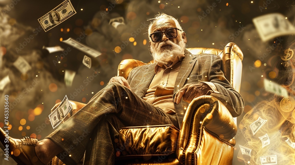 captivating image featuring a rich businessman sitting on a golden ...