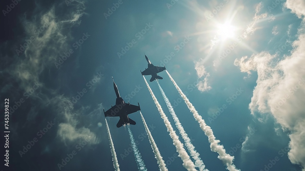 jet fighters engage in aerial maneuvers over the war zone ...