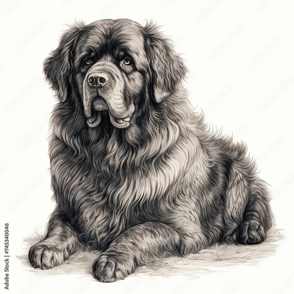 Newfoundland, engraving retro style, close-up portrait, black and white ...