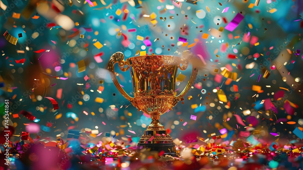 competition success depicted by gleaming gold winners trophy cup amidst ...
