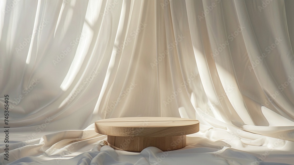 stylish empty modern round wooden podium side table with soft white ...