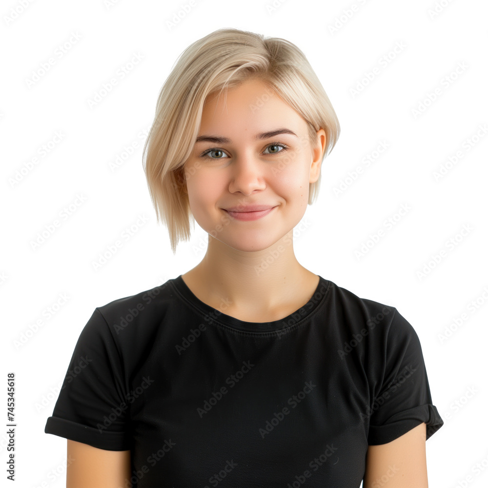 Smiling young woman with blonde bob haircut isolated on transparent ...
