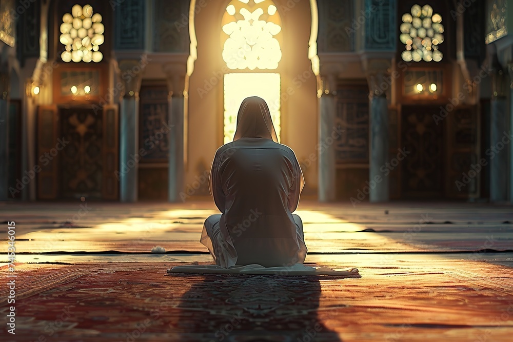 A photo of a Muslim woman on her back praying while kneeling during ...