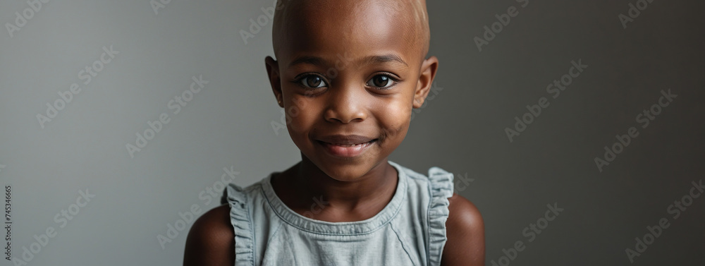 Smiling dark-skinned child without hair who beat cancer. As a symbol of ...