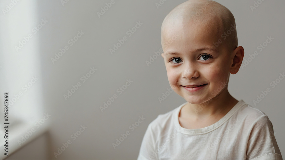 Smiling white child without hair who beat cancer. As a symbol of ...