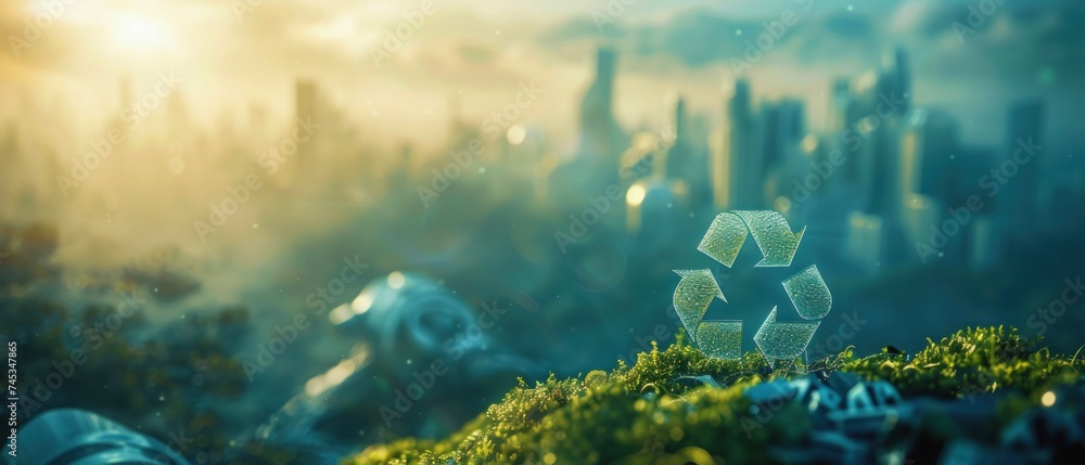 Recycling Energy Concept, Futuristic Cityscape with Recycling Symbol ...