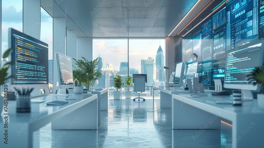 A high-tech hybrid workspace, blending traditional office elements with ...