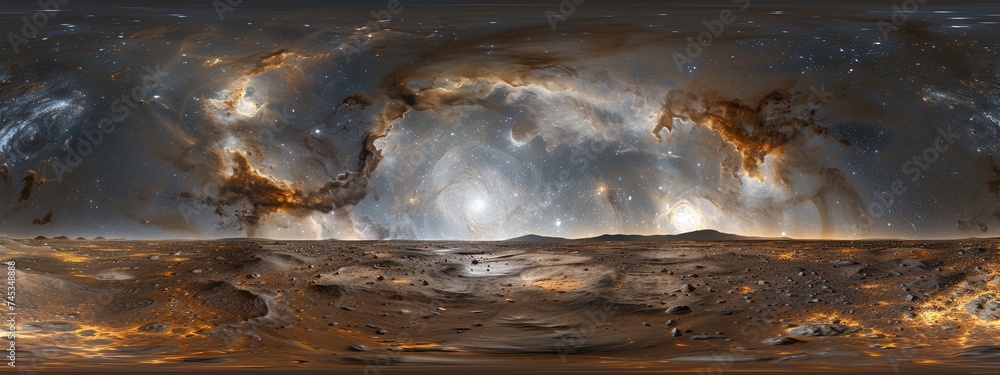 360 degree equirectangular projection space background with nebula and ...