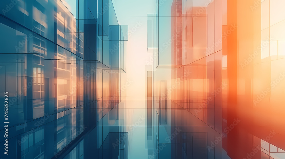 Clouds and sunset reflect on the building's glass surface, blending ...