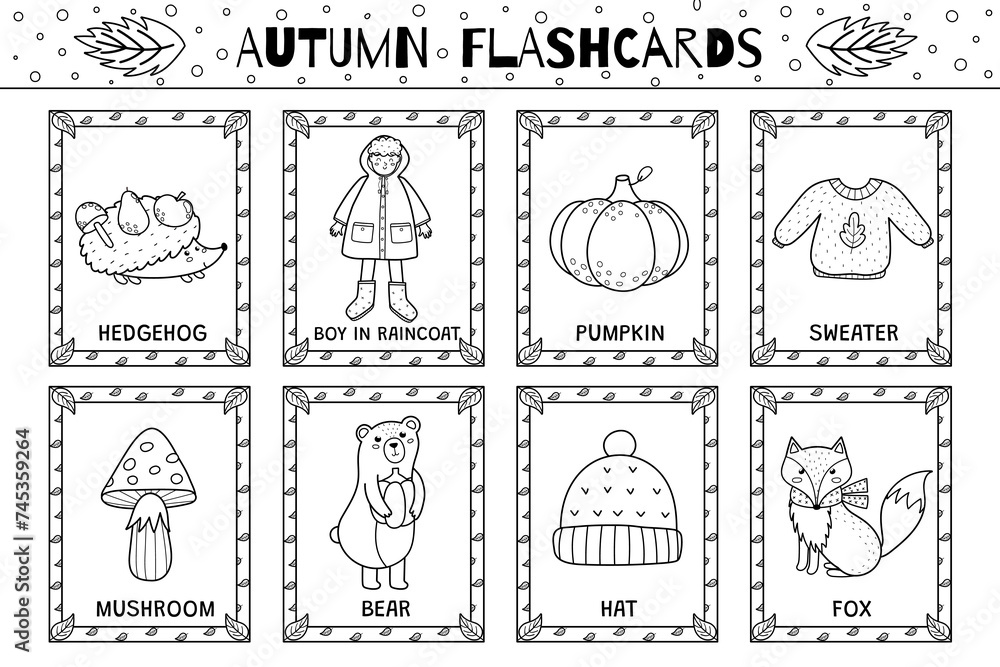 Vetor de Autumn flashcards black and white collection for kids. Flash ...