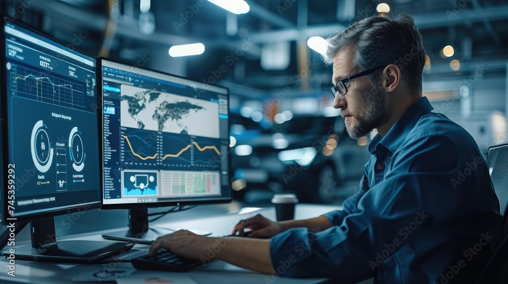 A fleet manager using advanced software for EV fleet management. focus ...