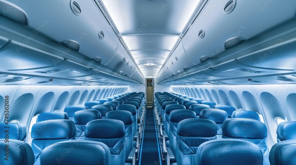 An empty airplane cabin with blue seats and overhead bins. The seats ...