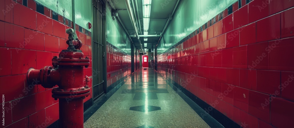 A red fire hydrant is positioned next to a red wall, creating a vibrant ...