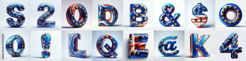 Glass letters shape in colors EU flag 3D Lettering Typeface. AI ...