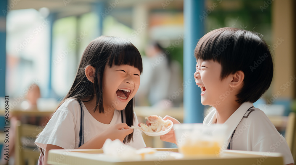 Two Asian elementary school students joyfully sharing a meal together ...