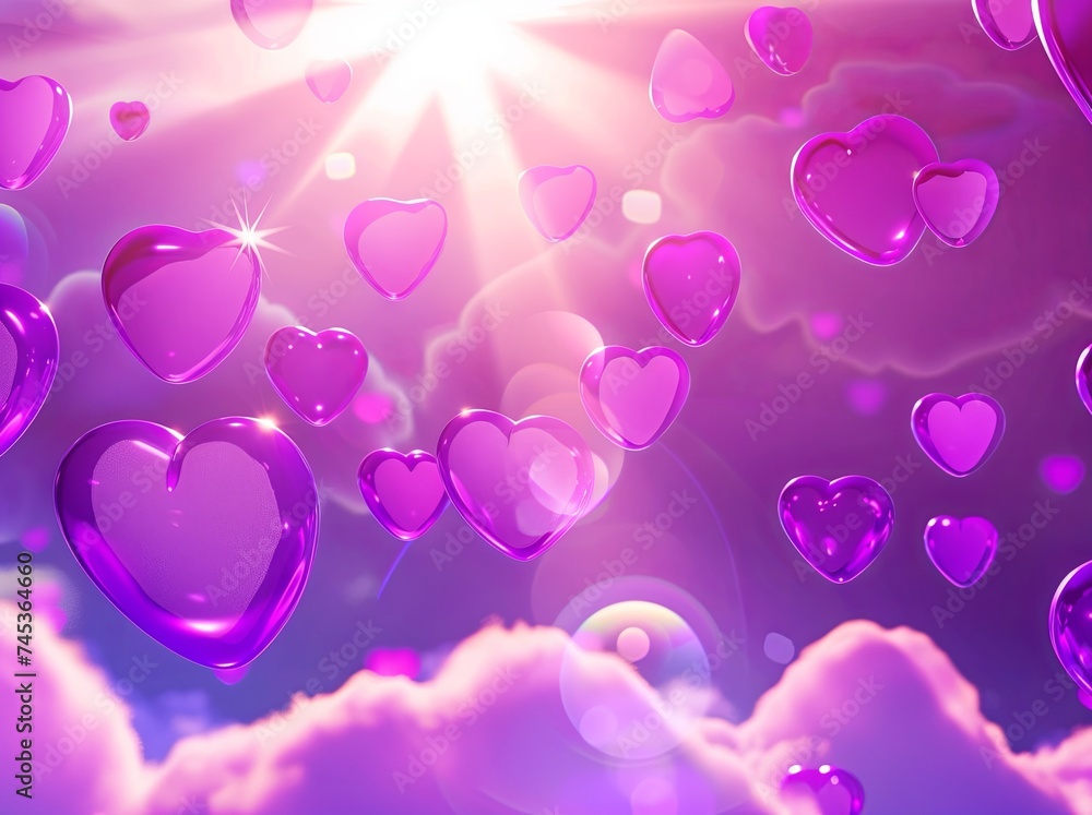 Colorful purple hearts spread across a cloudy background, luminous ...