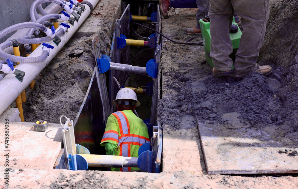 maintenance engineer working in a deep trench with shoring Stock Photo ...